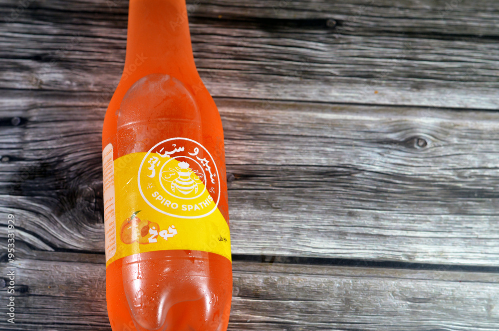 Cairo, Egypt, August 16 2024: Spiro Spathis peach soda drink, Spiro ...