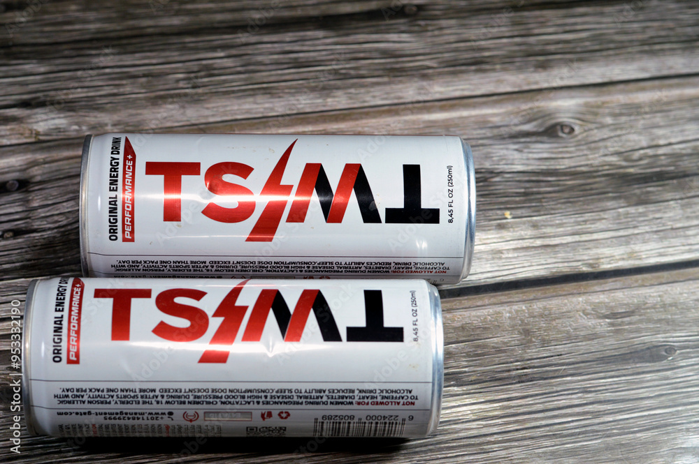 Cairo, Egypt, August 21 2024: Twist Energy Drink cola flavor, caffeine ...