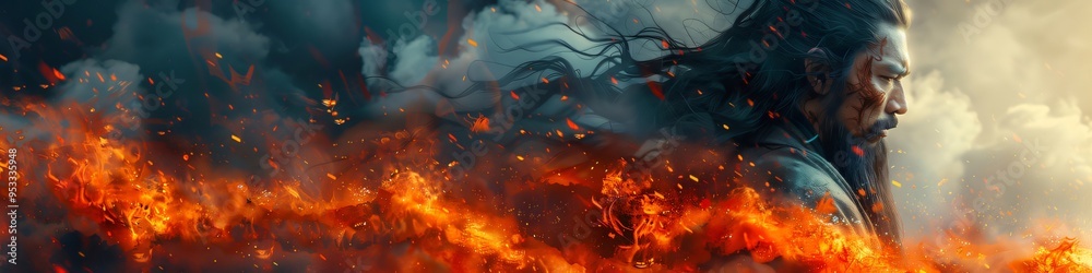 Panoramic banner; Battle hardened asian warrior with long black hair ...