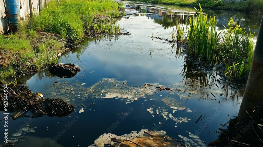 Polluted waterway full of debris and waste in urban area during late ...