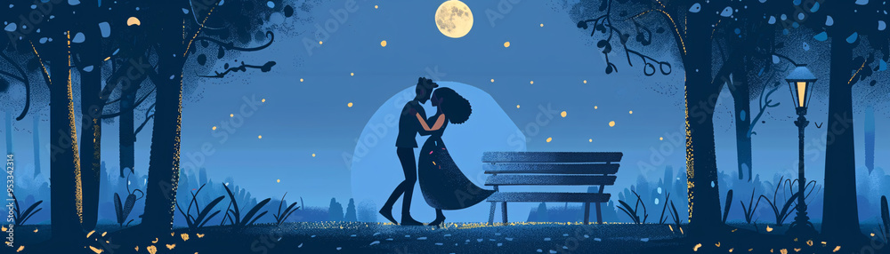 Couples dancing together under the moonlight, cuddling on a park bench ...