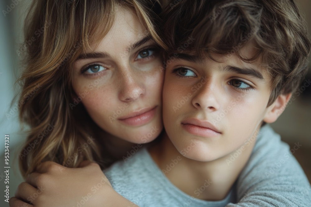 Affectionate empathic caring young mom hugging upset or grieving teen son helping and supporting ...