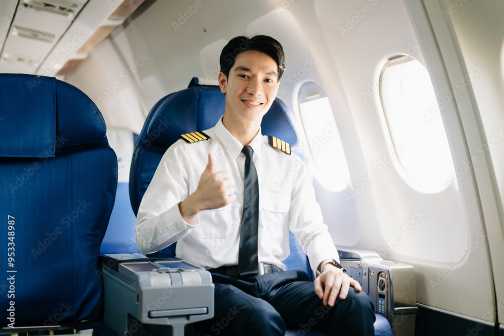 Asian Confident male pilot in uniform leaning at the passenger seat ...