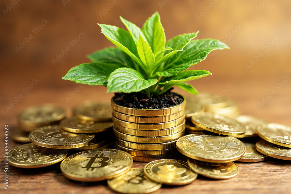 Vibrant Plant Growing from Gold Coins: Financial Growth and Sustainable ...