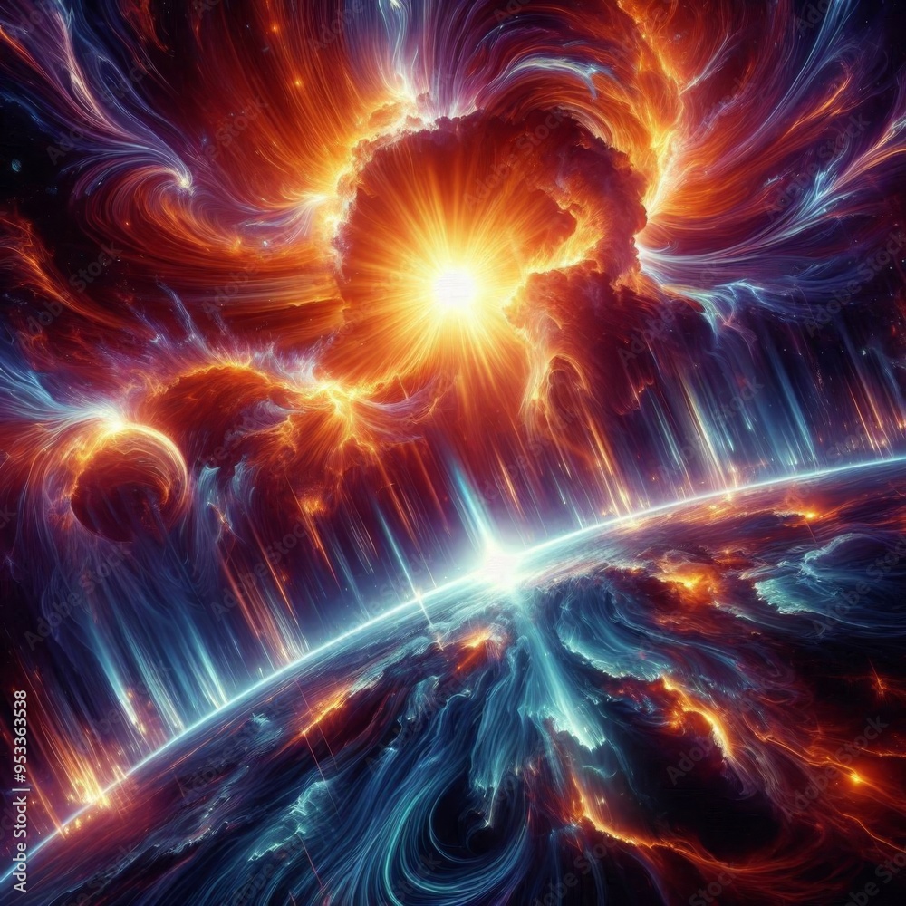 Vivid depiction of a solar storm, showcasing dramatic solar flares and ...