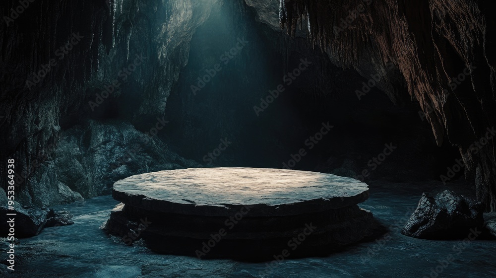 Dramatically lit circular stone platform in a dark, enclosed cave ...