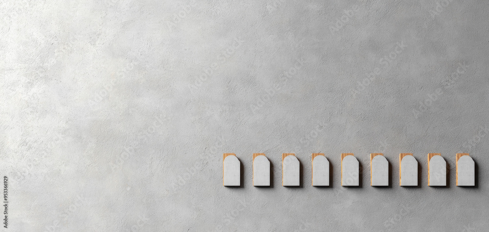 Minimalist image with nine white bullet tiles arranged in a row on a ...
