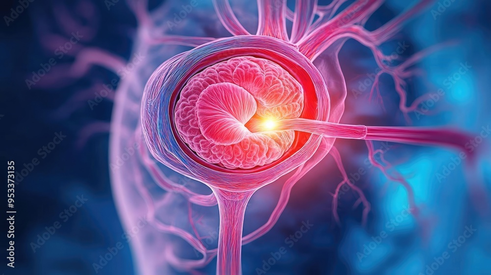 Highly detailed anatomical illustration of an enlarged prostate gland ...