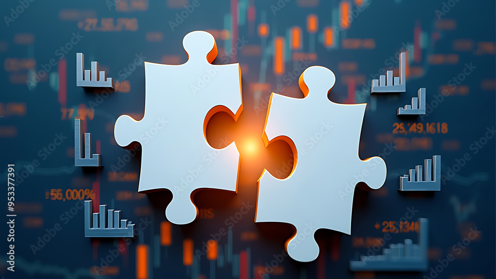 Two White Jigsaw Puzzle Pieces Floating Against a Digital Financial ...