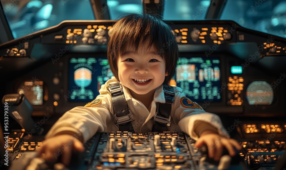 Happy Asian Kid as Airplane Captain joyful child dressed in a pilot ...