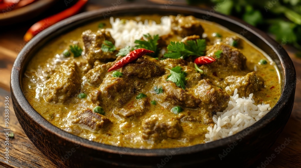 Side view of green curry with rice in a deep dish, garnished with ...
