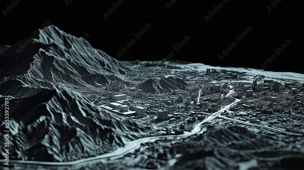 Technical aerial visual, 3D LiDAR GIS aerial map satellite scan model ...