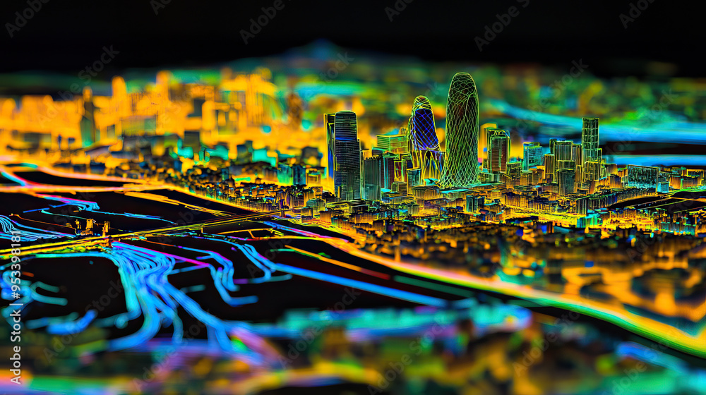 Technical aerial visual, 3D LiDAR GIS aerial map satellite scan model ...