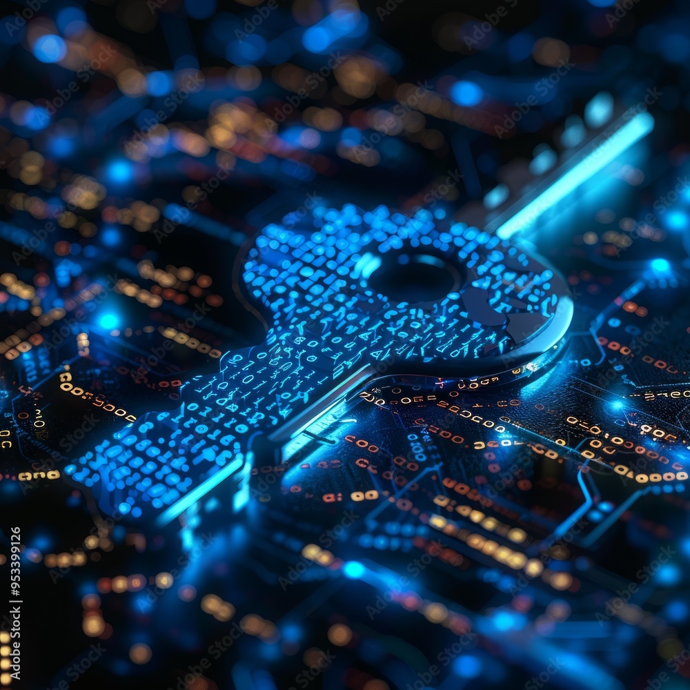 Digital key symbolizing cybersecurity and data protection amidst a backdrop of glowing binary ...