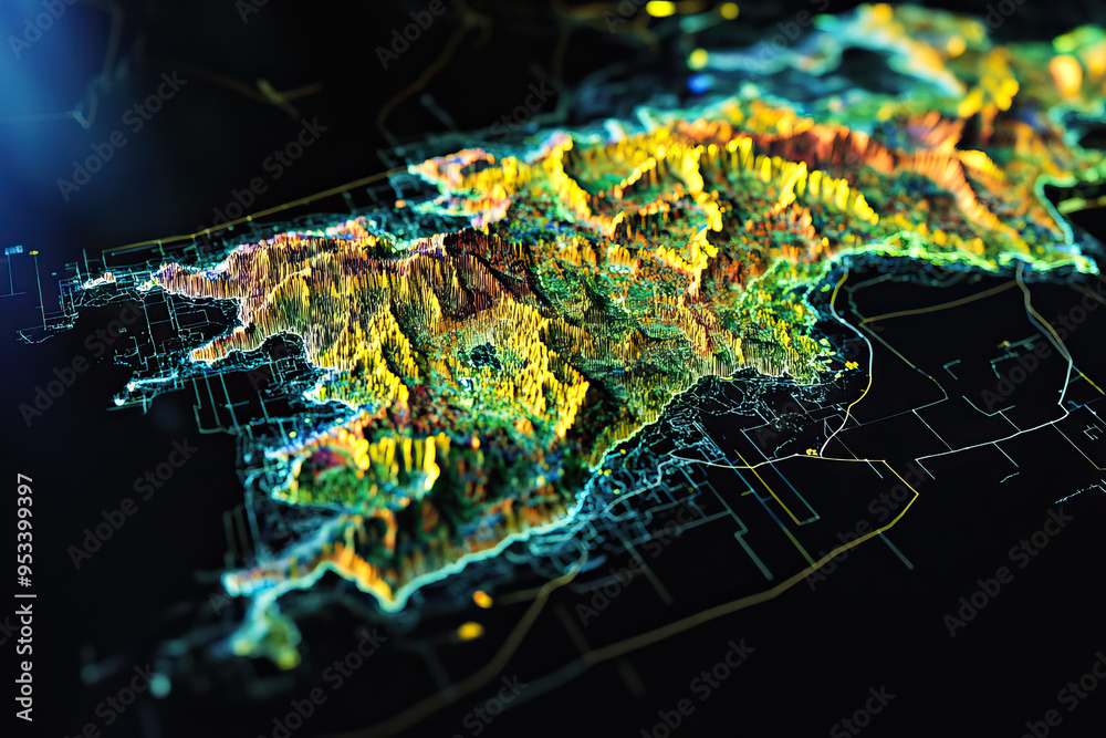 Technical aerial visual, 3D LiDAR GIS aerial map satellite scan model ...