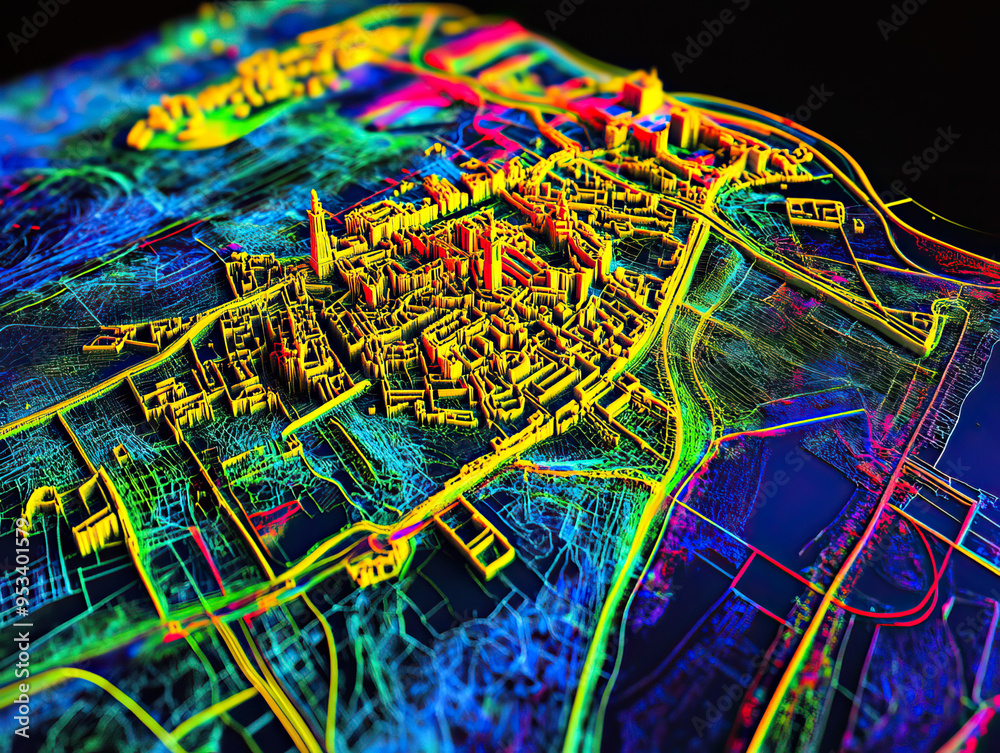 Technical aerial visual, 3D LiDAR GIS aerial map satellite scan model ...