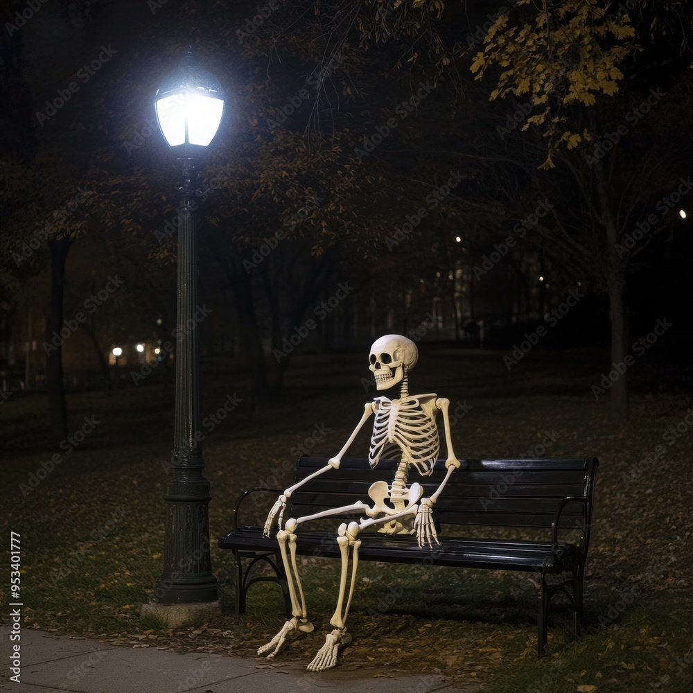 Skeleton Sitting on a Bench at Night: A life-size skeleton sitting ...