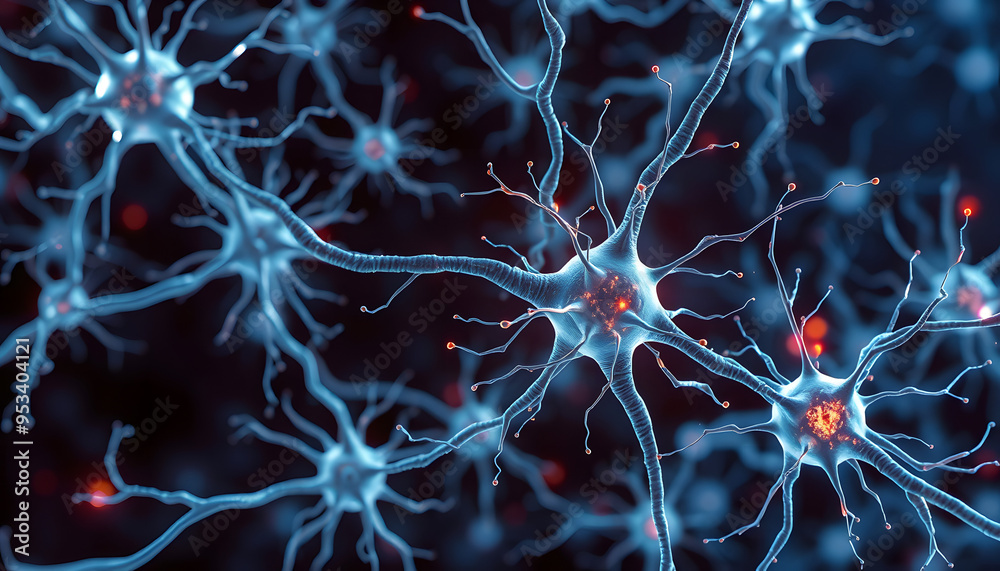 Neuronal network with electrical activity of neuron cells 3D rendering ...