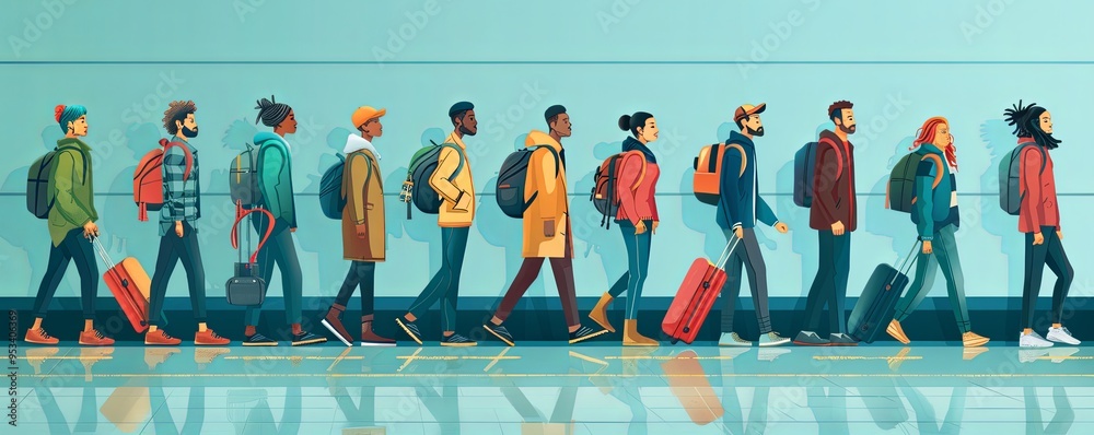 Diverse group of passengers in line at customs, various travel attire ...