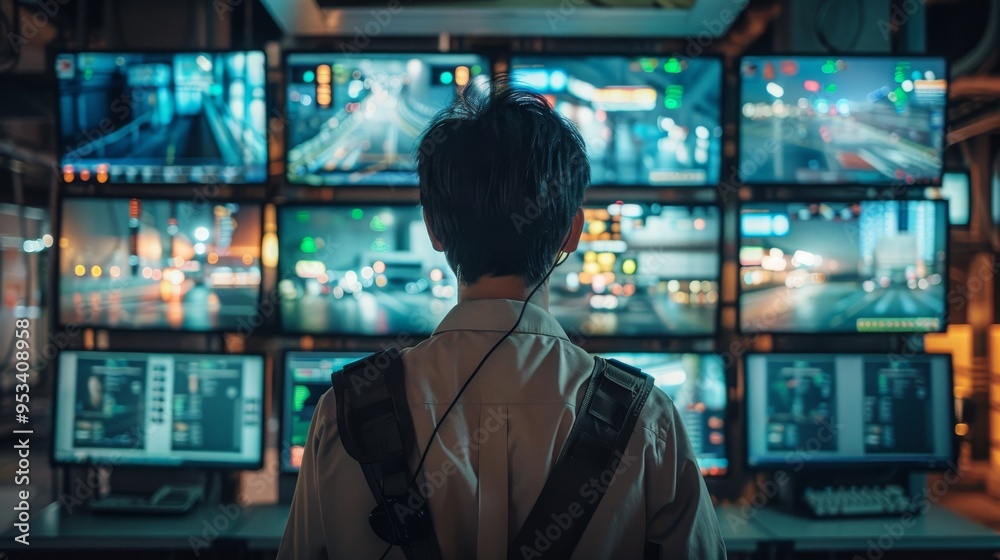 Security guard monitoring multiple screens at airport security gate ...