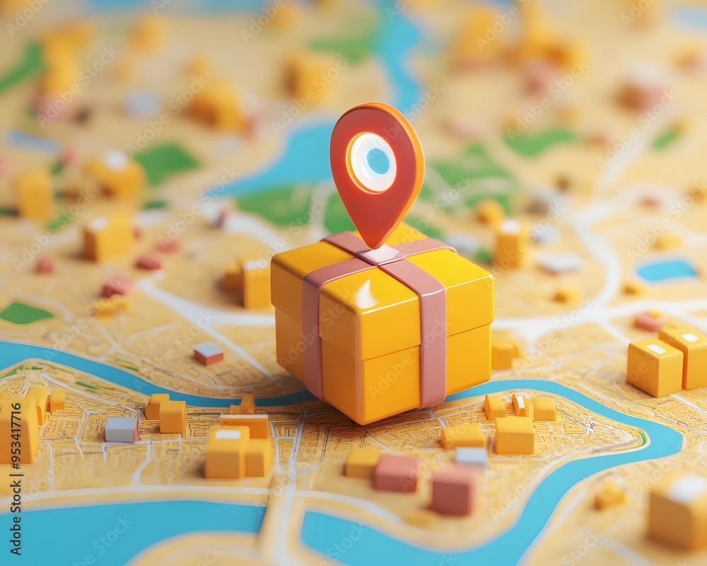 A colorful delivery package icon with a location pin on a detailed map ...