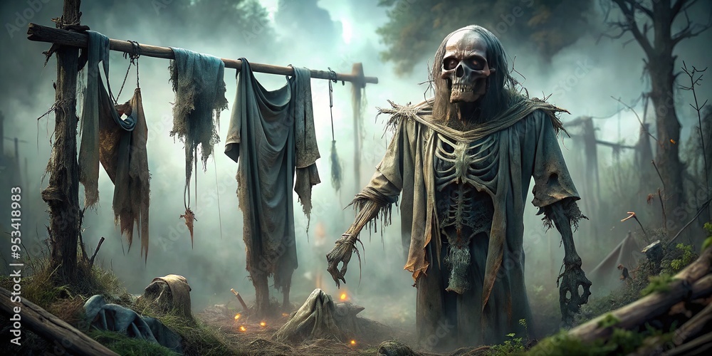 Undead creature rises from grave, tattered clothes hanging from ...