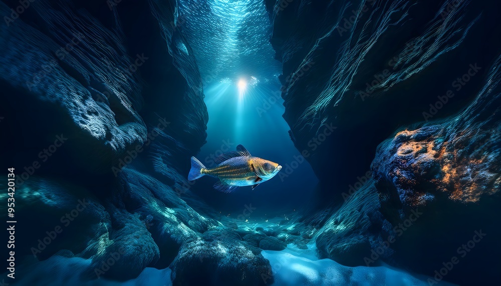 A rare deep-sea fish emitting a faint bioluminescent light from its ...