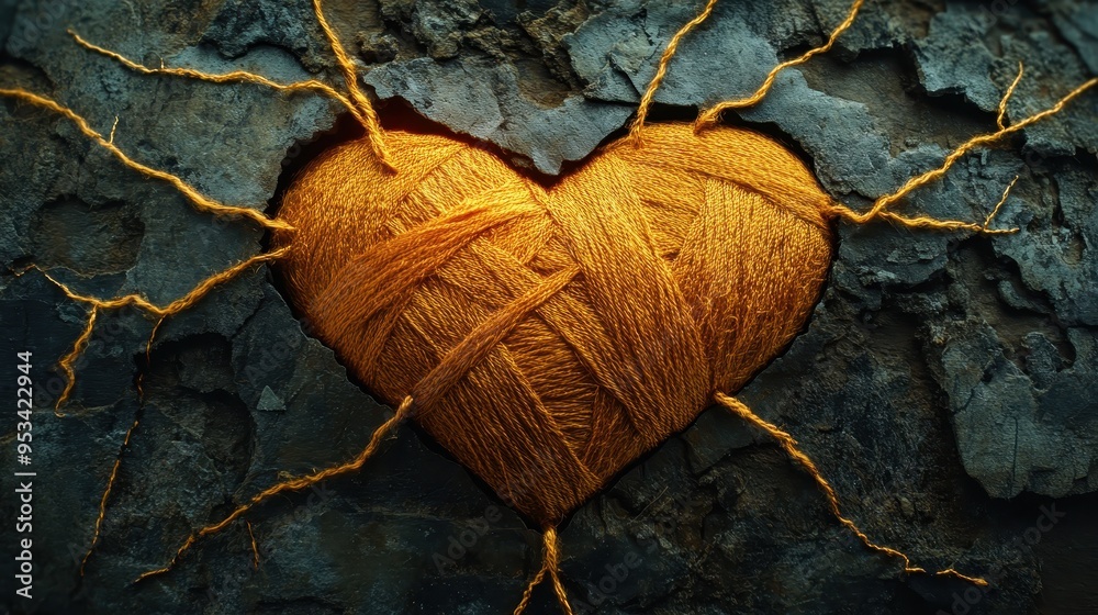 Healing represented by golden threads sewing together a broken heart ...
