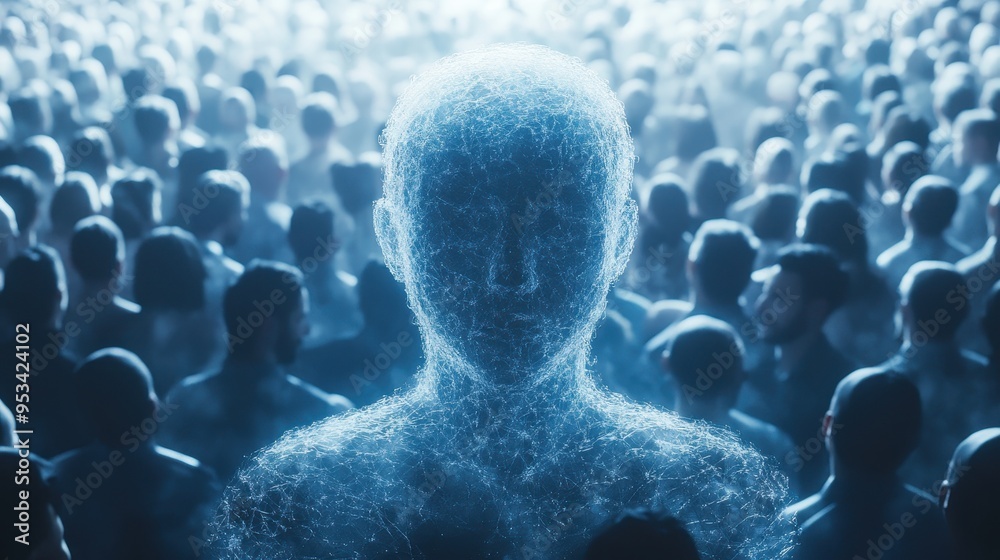 Social anxiety visualized as a person made of glass in a crowded room ...