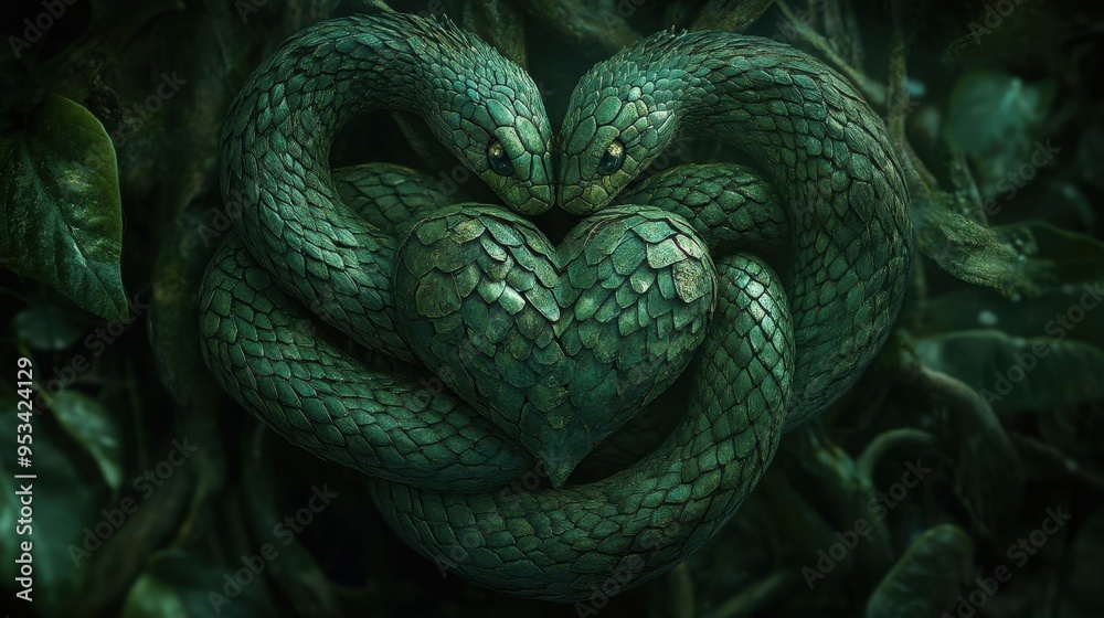 Jealousy depicted as a green snake coiled around a heart (focus on ...