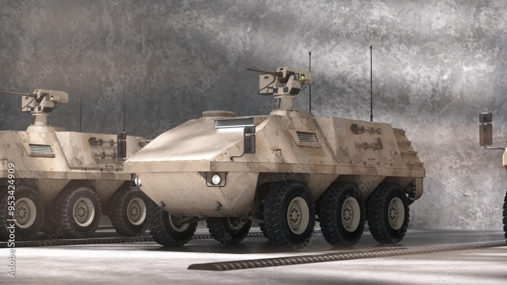 3d render of an armored military vehicle in an industrial garage, side ...