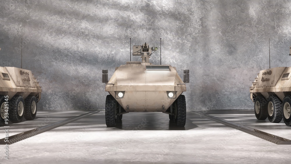 3d render of an armored military vehicle in an industrial garage, side ...