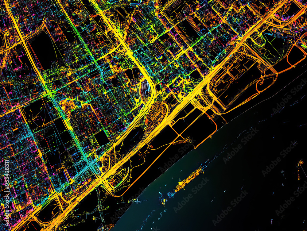 Technical aerial visual, 3D LiDAR GIS aerial map satellite scan model ...