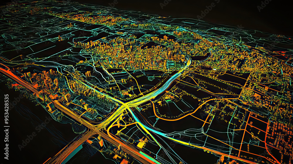 Technical aerial visual, 3D LiDAR GIS aerial map satellite scan model ...