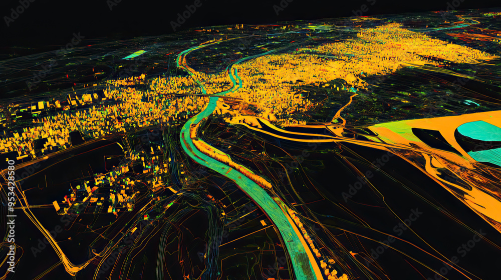 Technical aerial visual, 3D LiDAR GIS aerial map satellite scan model ...