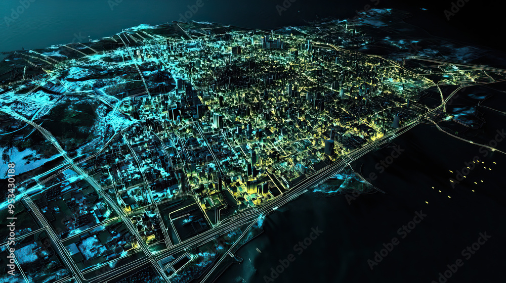 Technical aerial visual, 3D LiDAR GIS aerial map satellite scan model ...