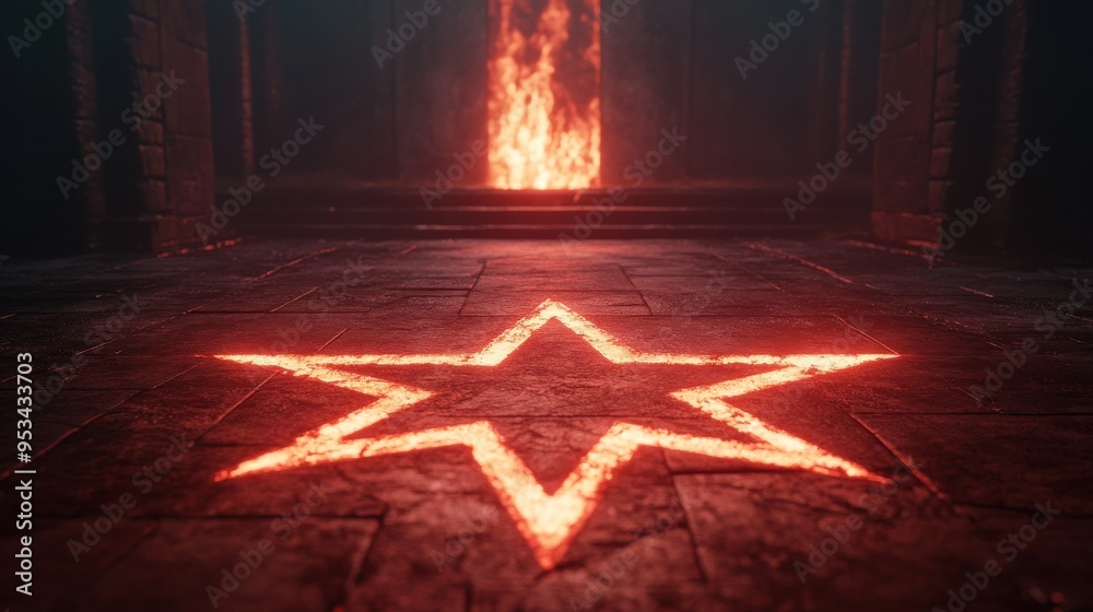 A glowing red pentagram on a stone floor leads to a fiery altar in a ...