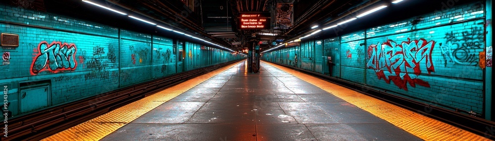A post-apocalyptic subway station, with dimly lit tunnels, abandoned ...