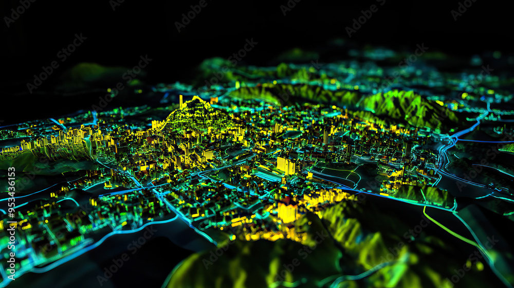Technical aerial visual, 3D LiDAR GIS aerial map satellite scan model ...