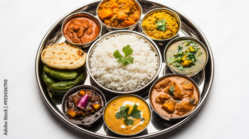 Traditional Indian thali featuring an assortment of curries, dal, rice ...