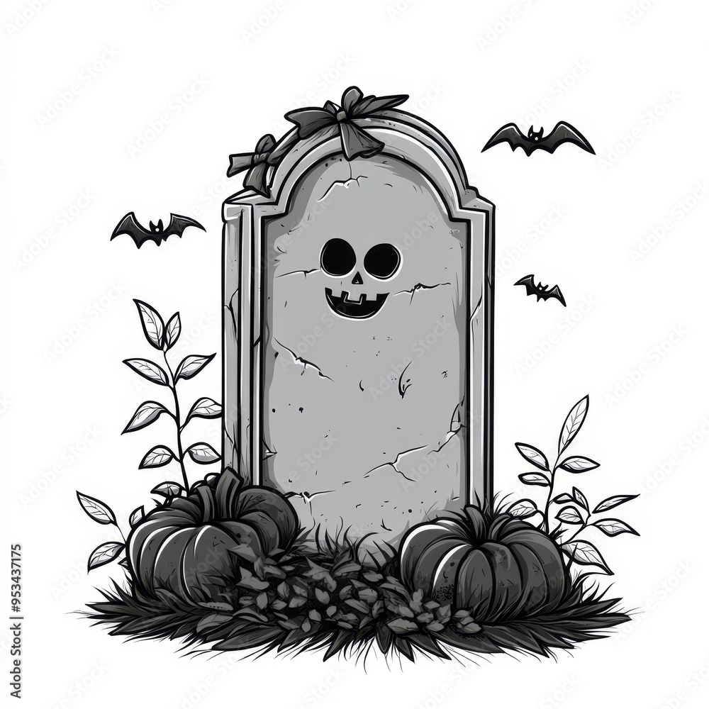 Cute Halloween tombstone clipart illustration with bats and pumpkins on ...