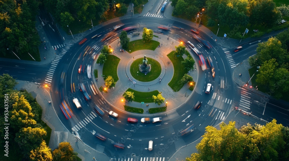 Traffic lights at a roundabout, with cars navigating the circle and ...