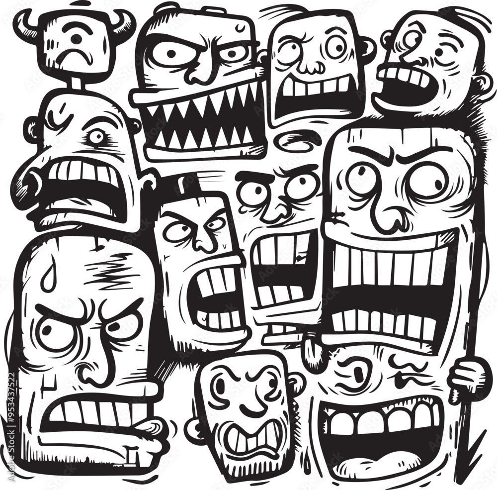 Charcoal doodle of cartoon faces expressing anger and craziness a ...