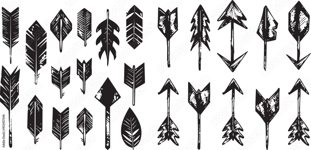 Charcoal doodle scribble feather arrows arrowhead bohemian clipart set ...