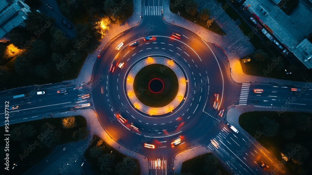 Traffic lights at a roundabout, with cars navigating the circle and ...