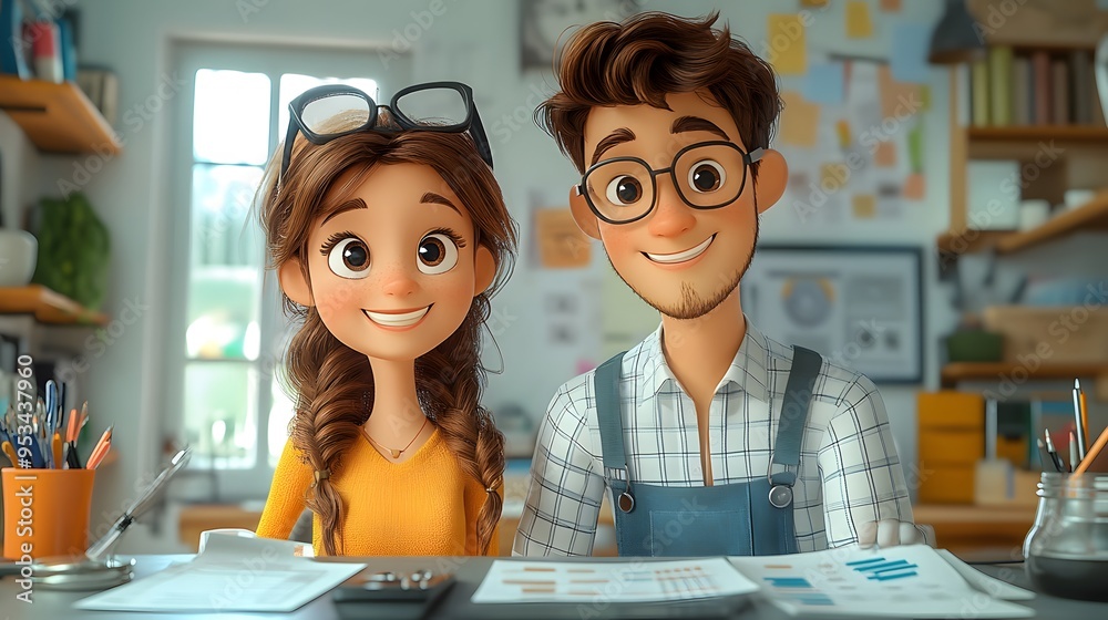3D cartoon animation of a couple budgeting their personal finances with ...
