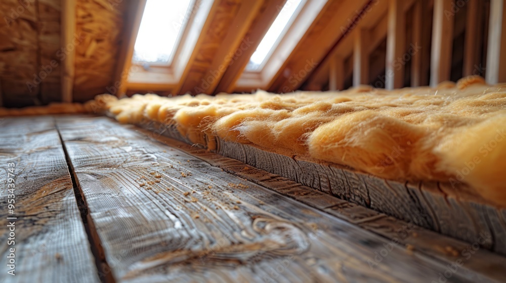 In an unfinished attic, soft insulation is carefully laid out on a ...