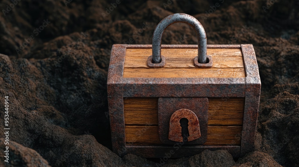 Buried treasure chest, secured with a rusted padlock, filled with ...