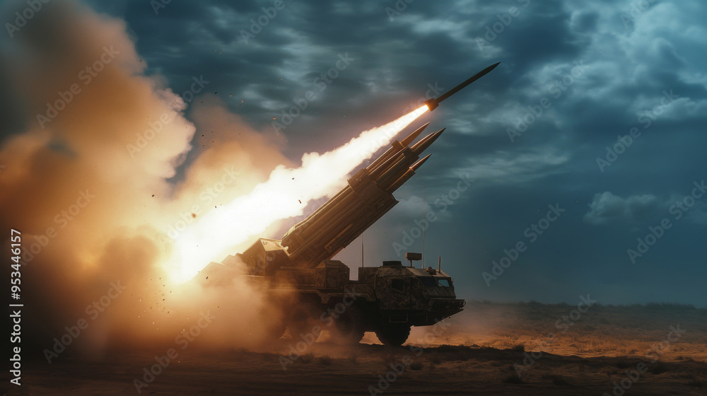 Military mobility artillery rocket system launch missile creating fiery ...