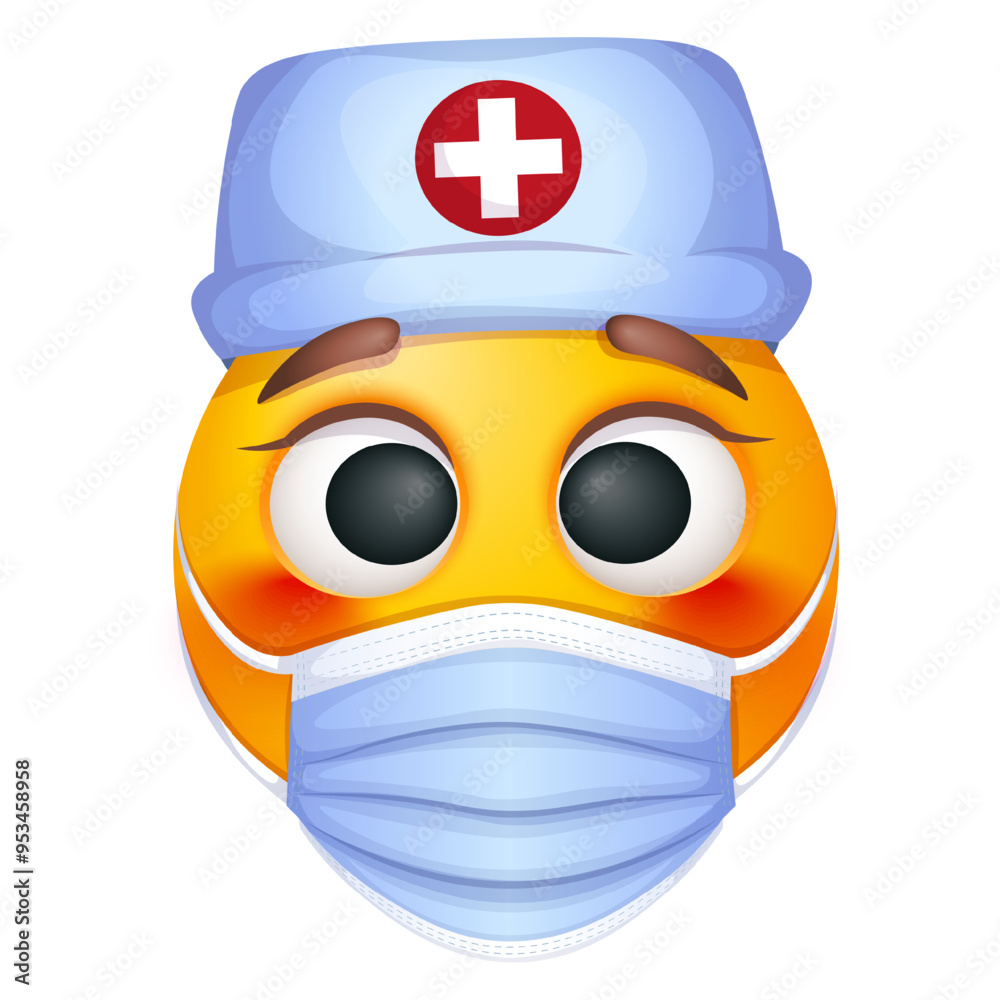 Female doctor emoji on white background. Emoticon with surgical mask ...